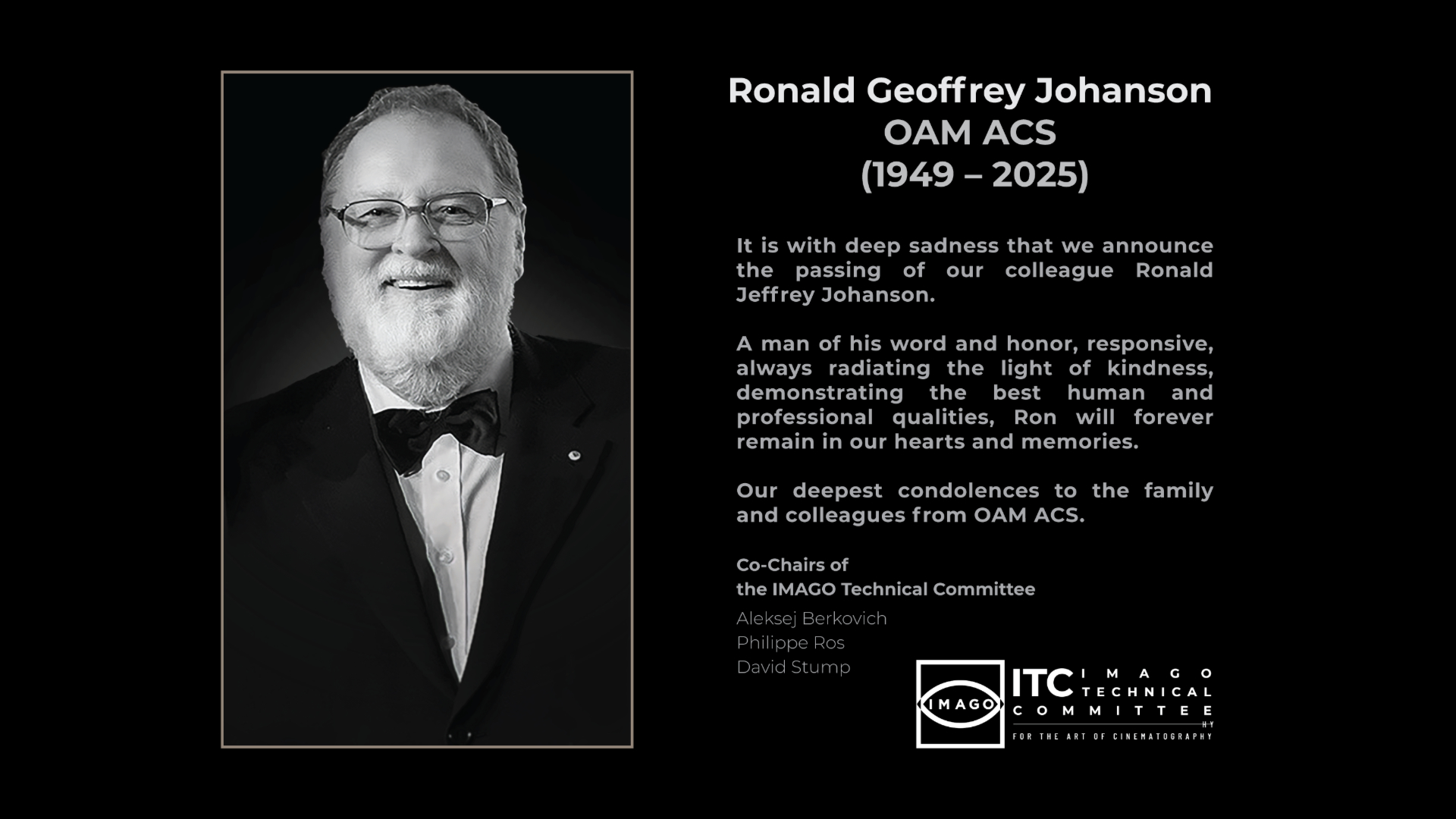 ITC, In Memoriam: Ron Johanson OAM ACS (1949-2025) – IMAGO